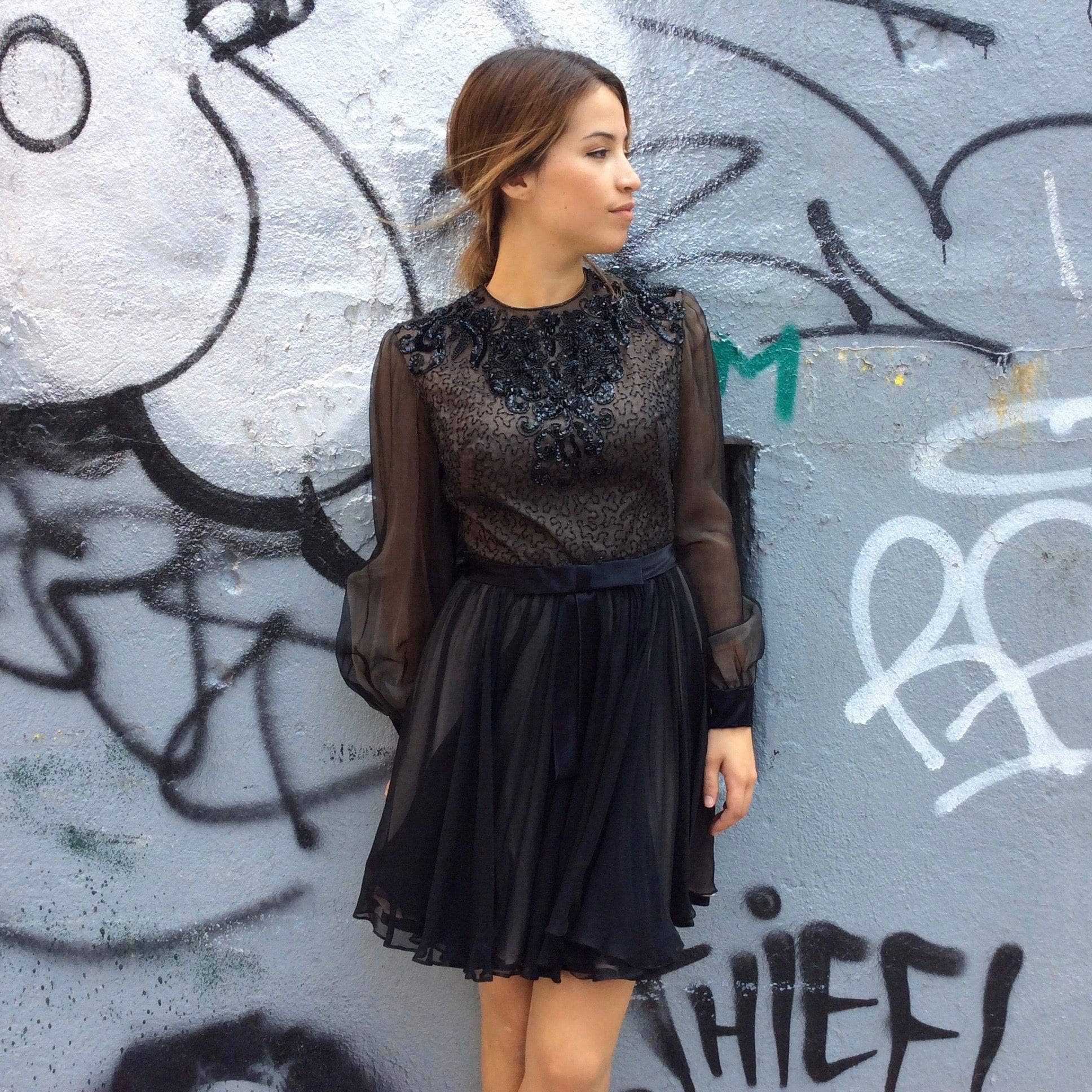 1960s Lily Simon Sequin & Beaded Silk Chiffon Mini Dress S | Bohème ...